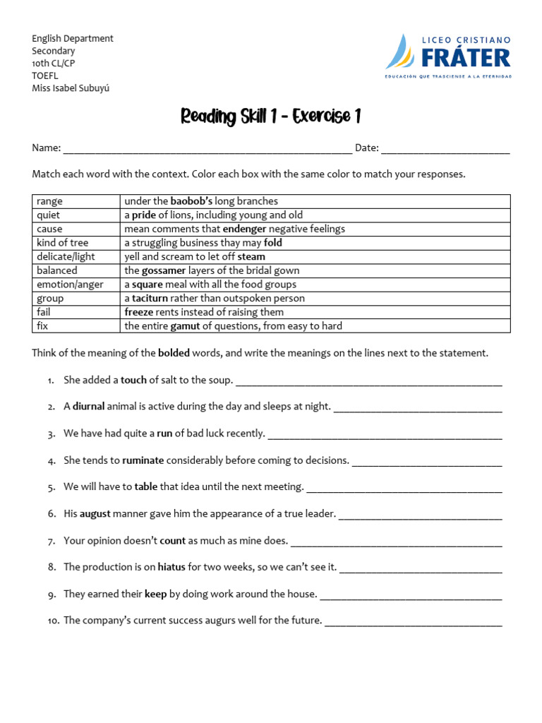 Reading Skill 1 - Worksheet | PDF