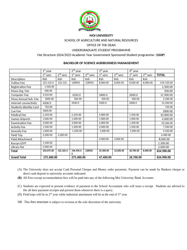 Moi University Agriculture Fee Structure 2024 | PDF | Payments | Cheque