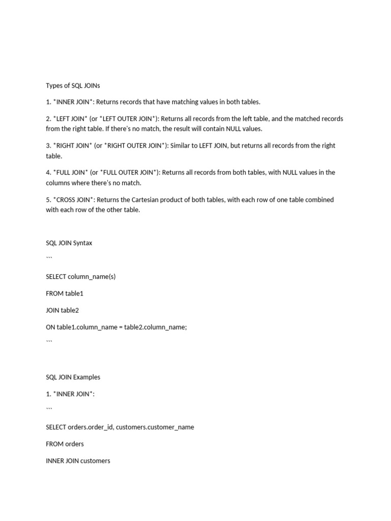 Types of SQL JOins | PDF