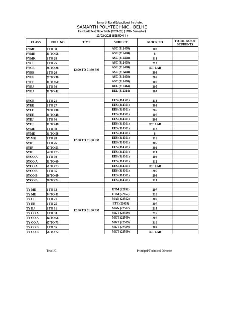Samarth Polytechnic Unit Test Schedule 2024-25 | PDF