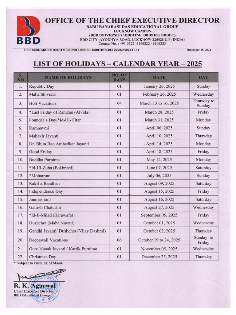 List of Holidays Calender 2025-2 | PDF