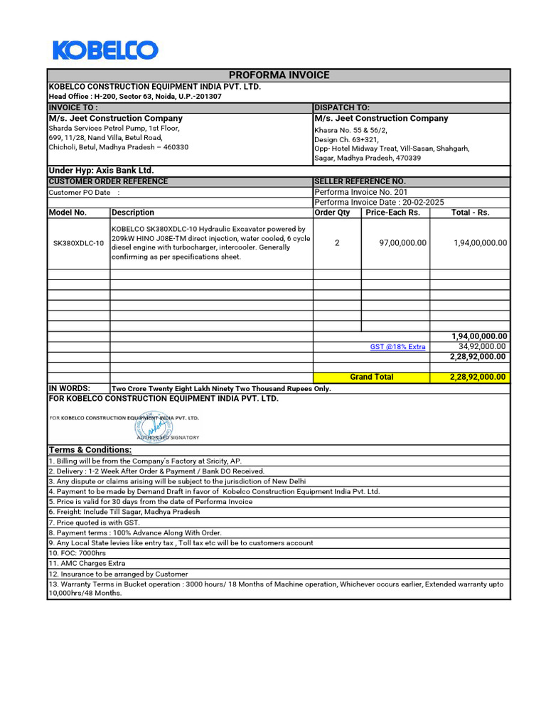 SK380XDLC-10 | PDF | Invoice