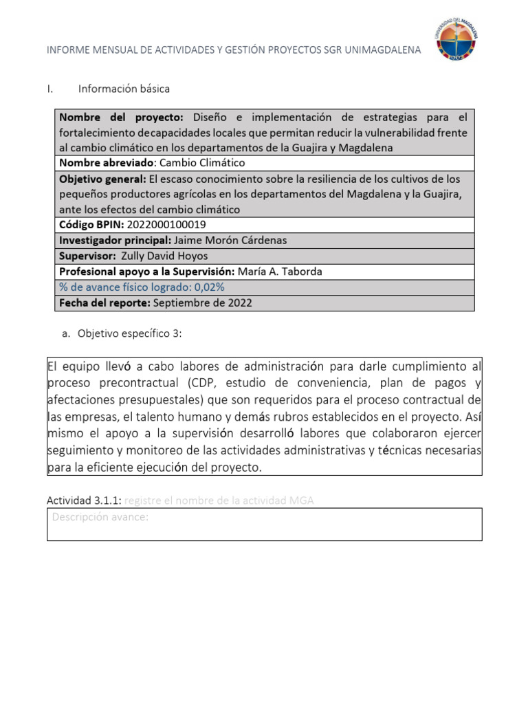 Informe Mensual Proyectos SGR Unimagdalena | PDF