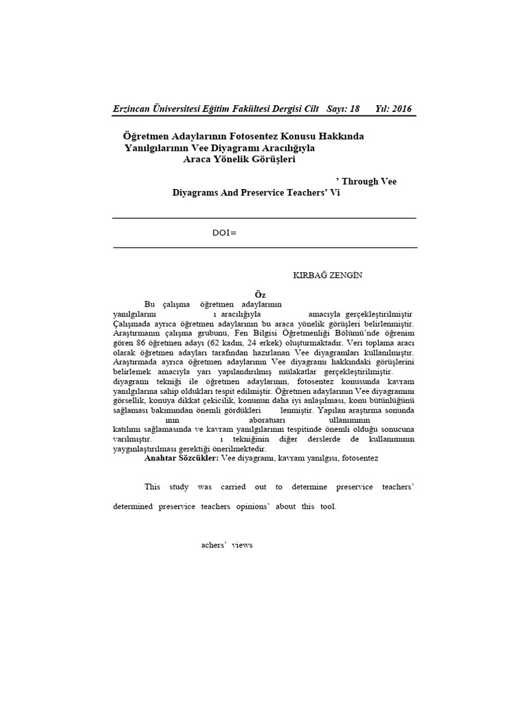 Retmen Adaylar Fotosentez Konusu Hakk Nda Kavram Yan LG Lar N N Vee Diyagram Arac L Yla ...