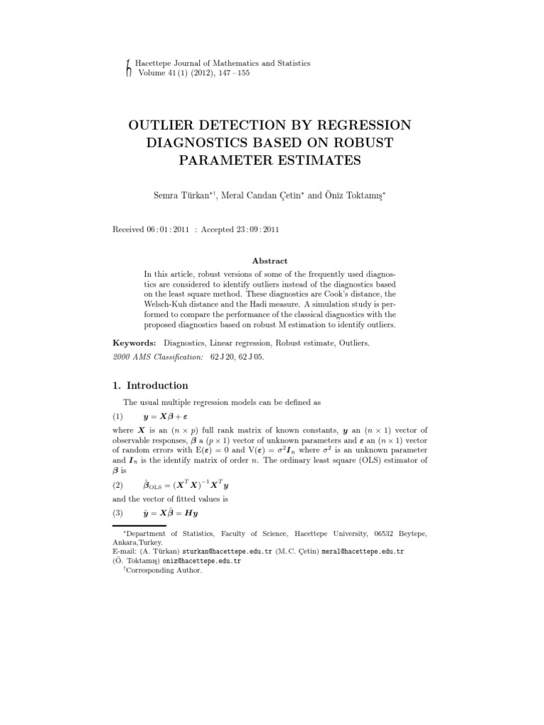Türkan Et Al 2011 Outlier Detection By Regression Diagnostics Based