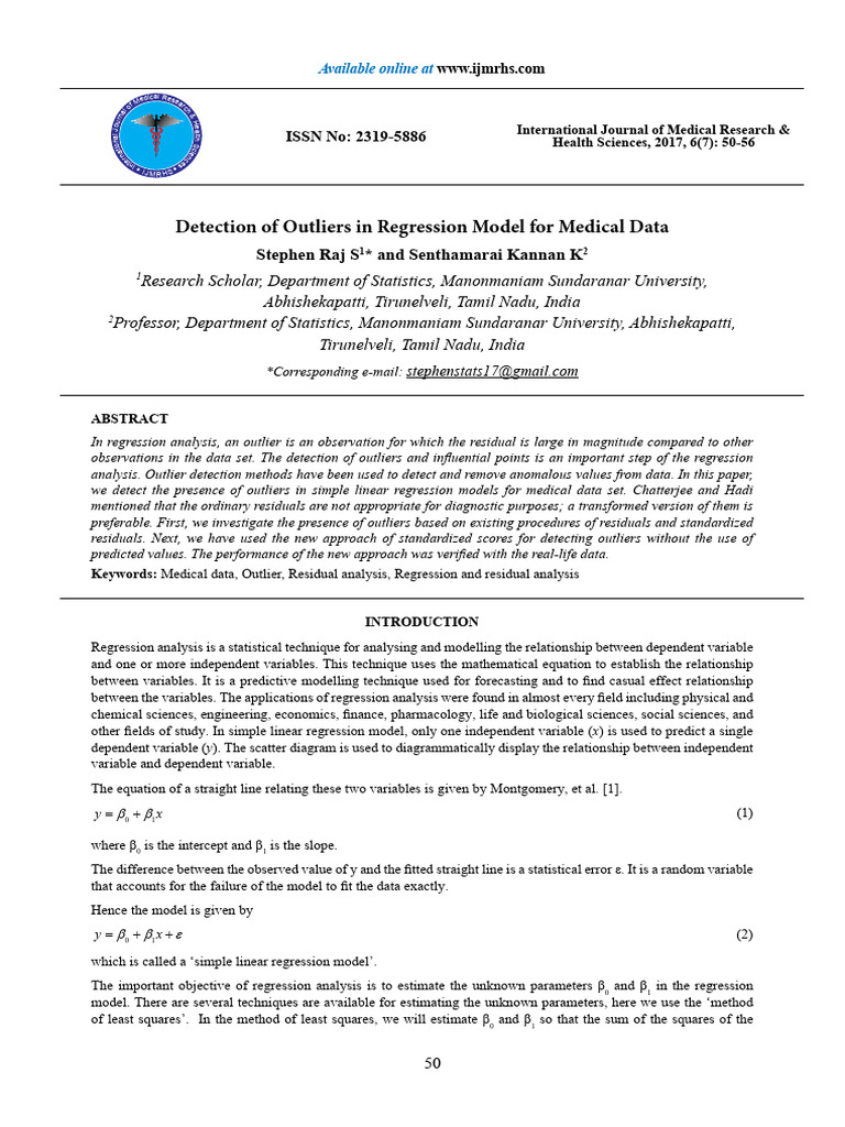 Stephen and Senthamarai Kannan (2017) - Detection of Outliers in Regression Model For Medical ...
