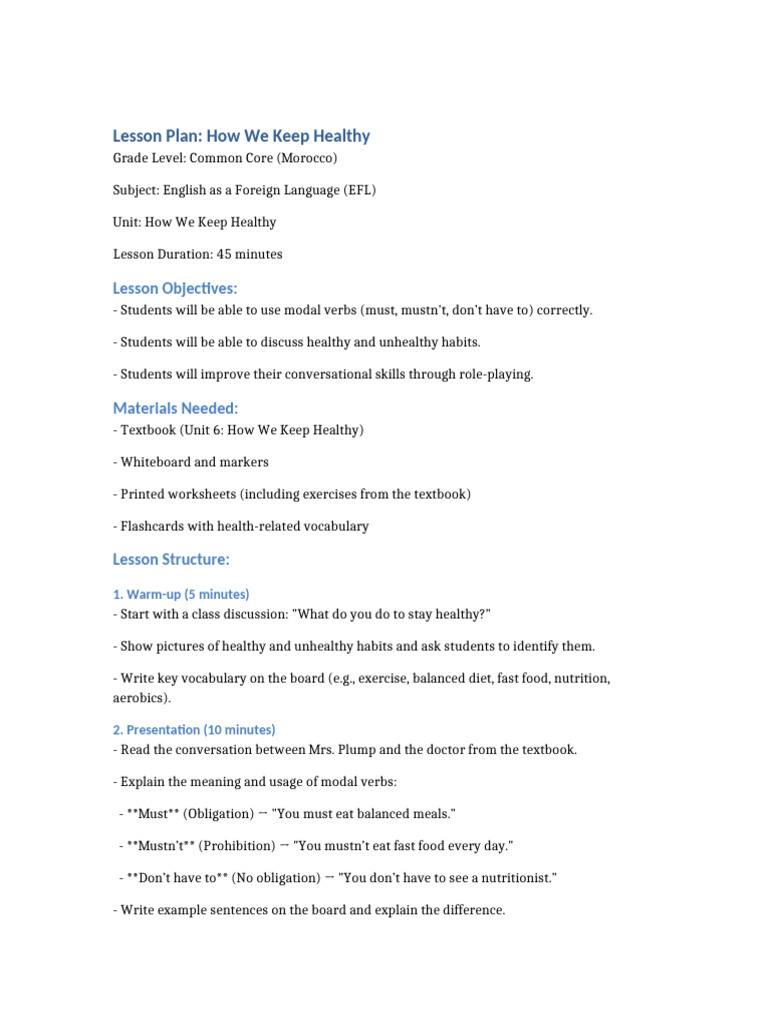 EFL Lesson Plan on Healthy Habits | PDF | Homework | Human Communication