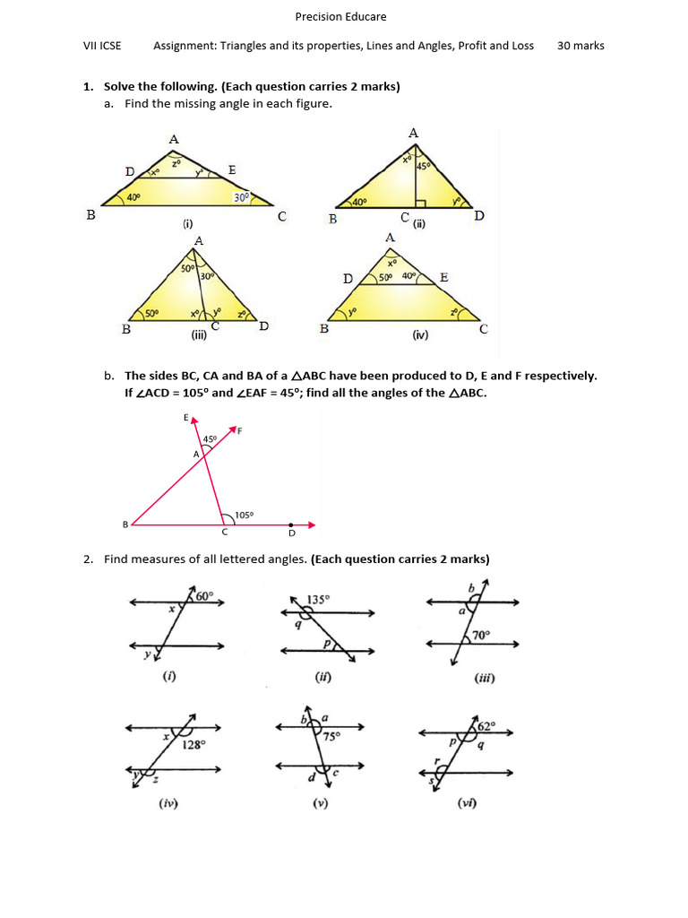 Assignment-Lines and Angles, Triangles and Its Properties, Profit and Loss | PDF