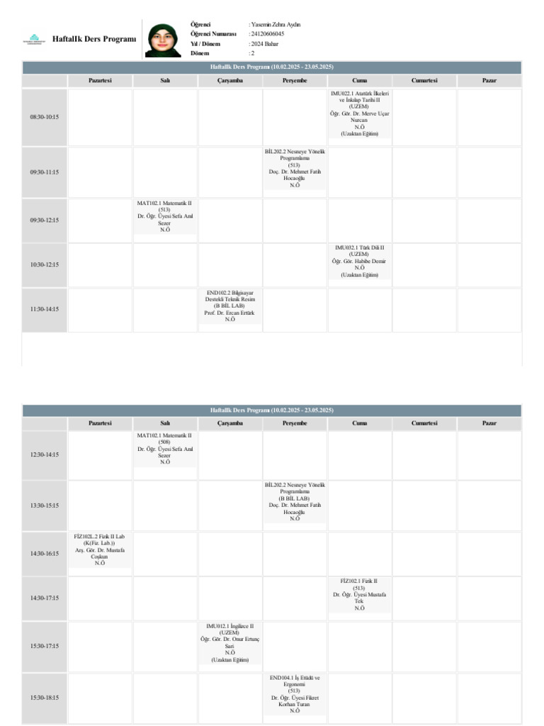 Hafta Lik Ders Program I | PDF