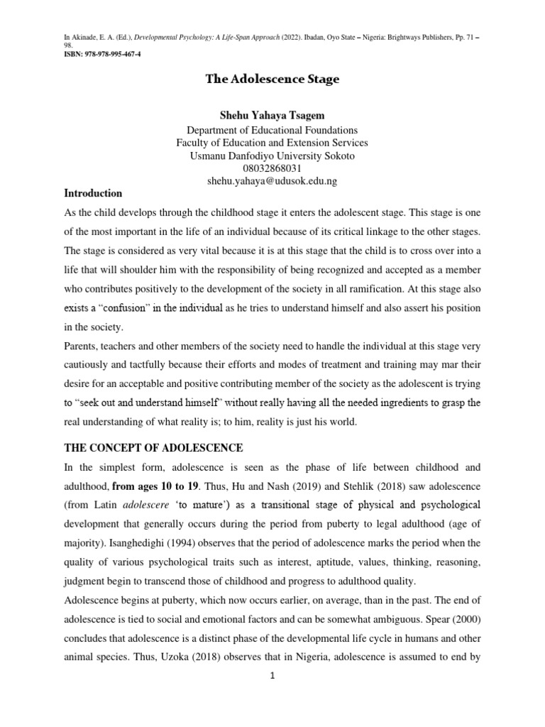 The Adolescence Stage | PDF | Adolescence | Identity (Social Science)