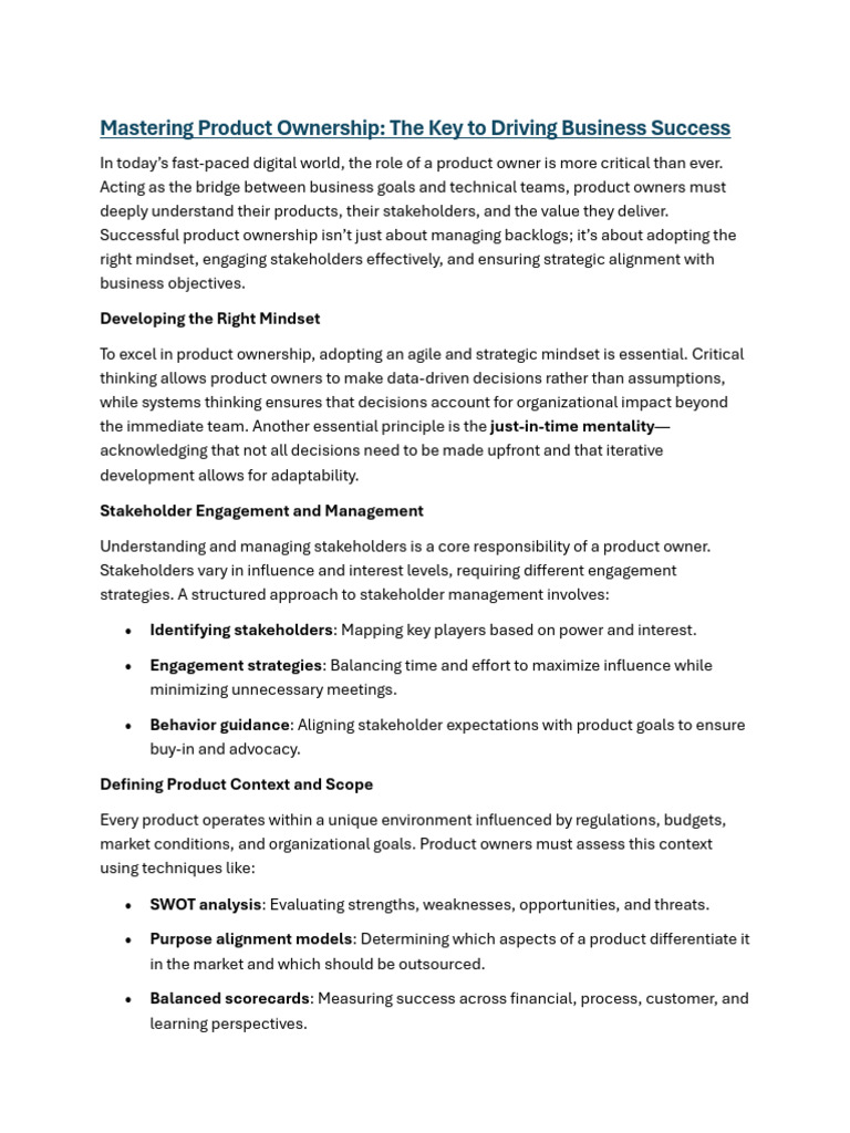 Mastering Product Ownership Skills | PDF | Scrum (Software Development ...