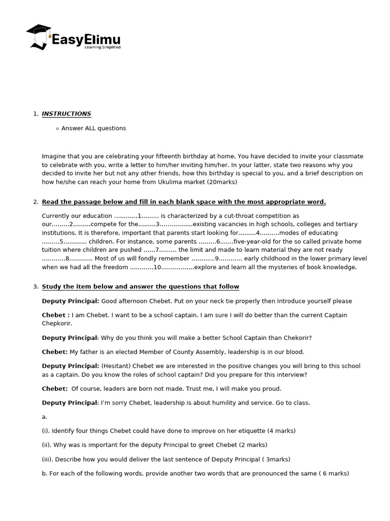 English - Form 2 Term 1 End Term Exams 2024 Set 1-317 | PDF
