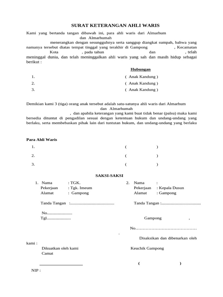 SURAT KETERANGAN AHLI WARIS Form Ok 2021 | PDF