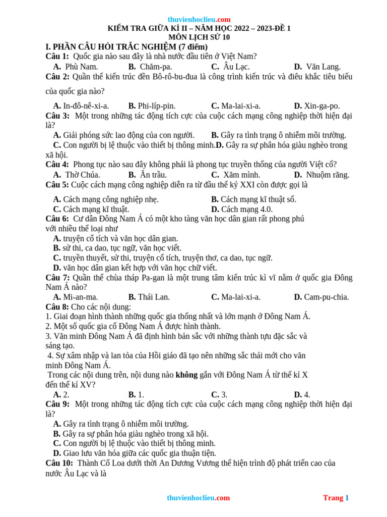 De KT LICH SU 10 Giua HK2 Nam 22 23 de 1 | PDF