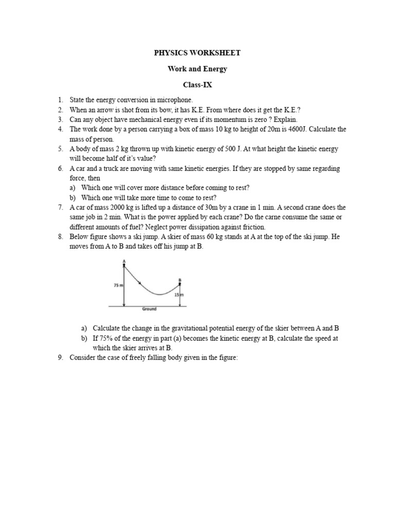 Physics worksheet IX work and energy | PDF