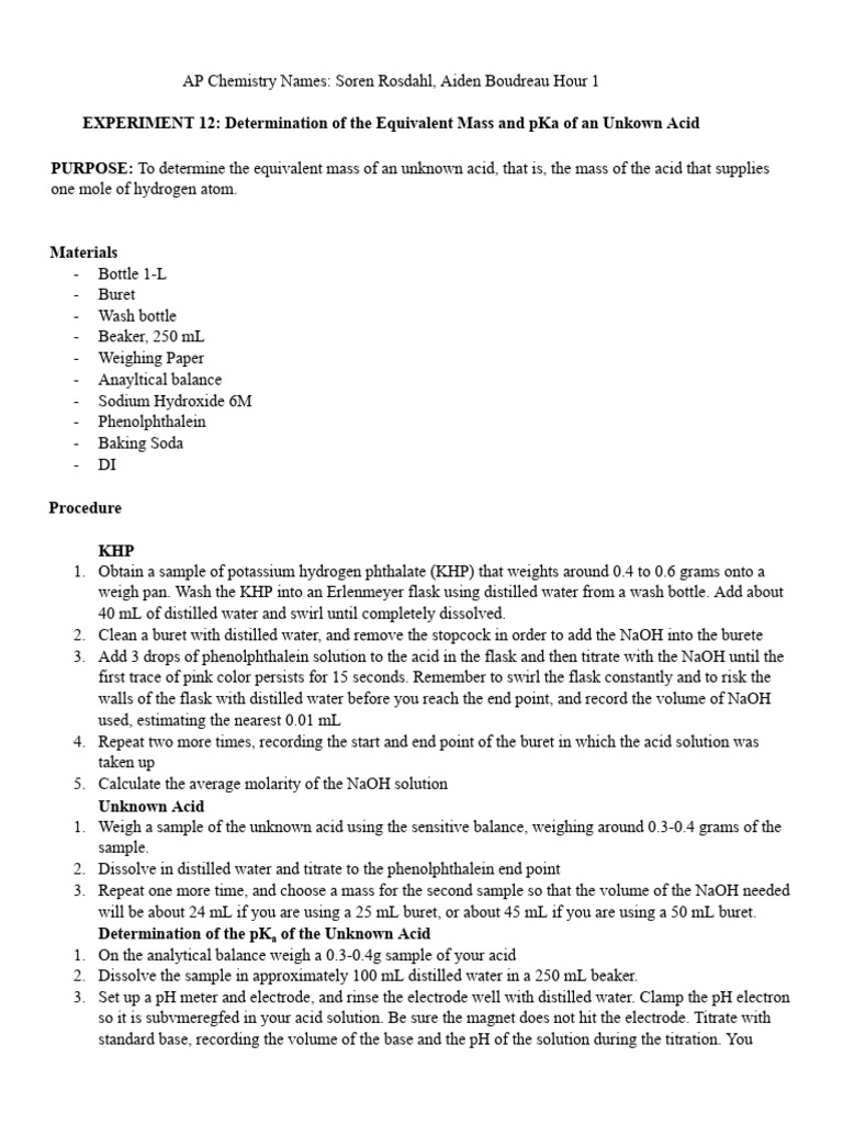 Determine Equivalent Mass & pKa of Acid | PDF | Ph | Titration