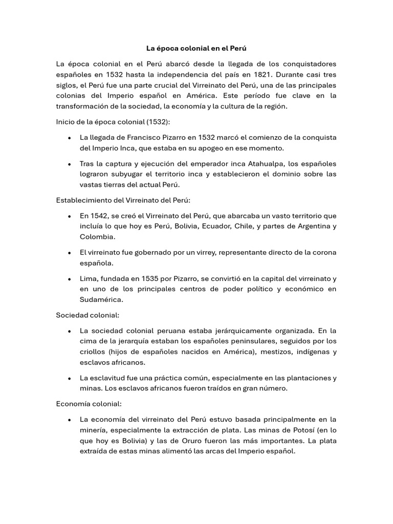 Historia de la época colonial en Perú | PDF | Nueva españa | Perú