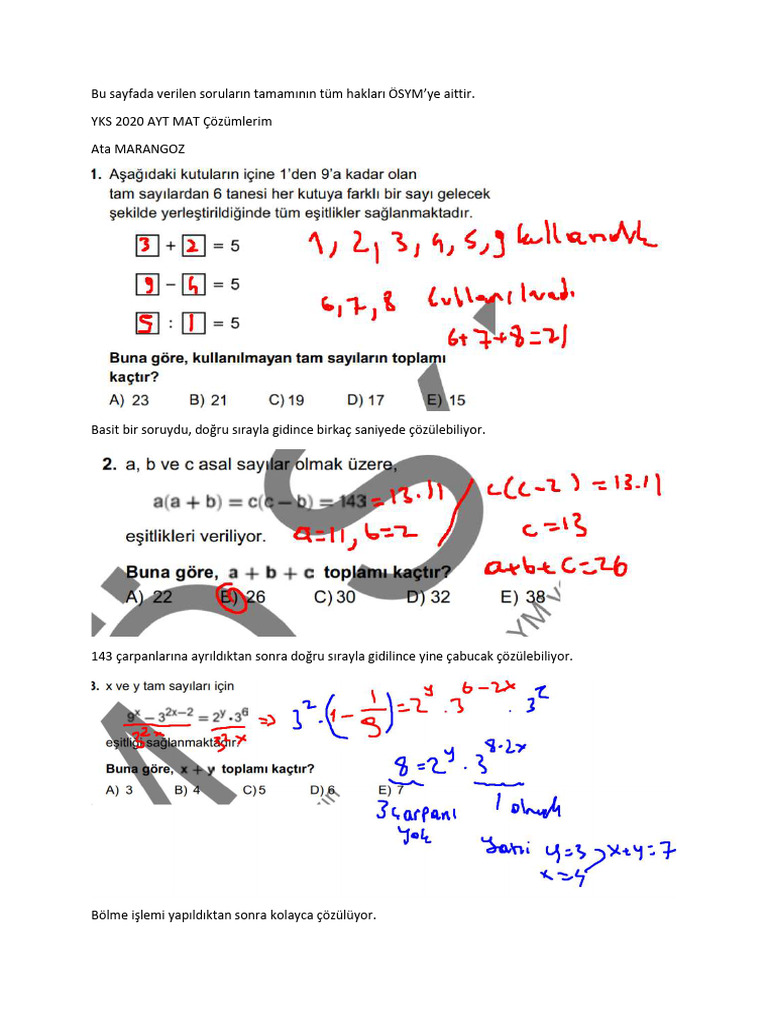 Yks Ayt Matematik 2020 Yili Test Sorulari Cevaplari | PDF