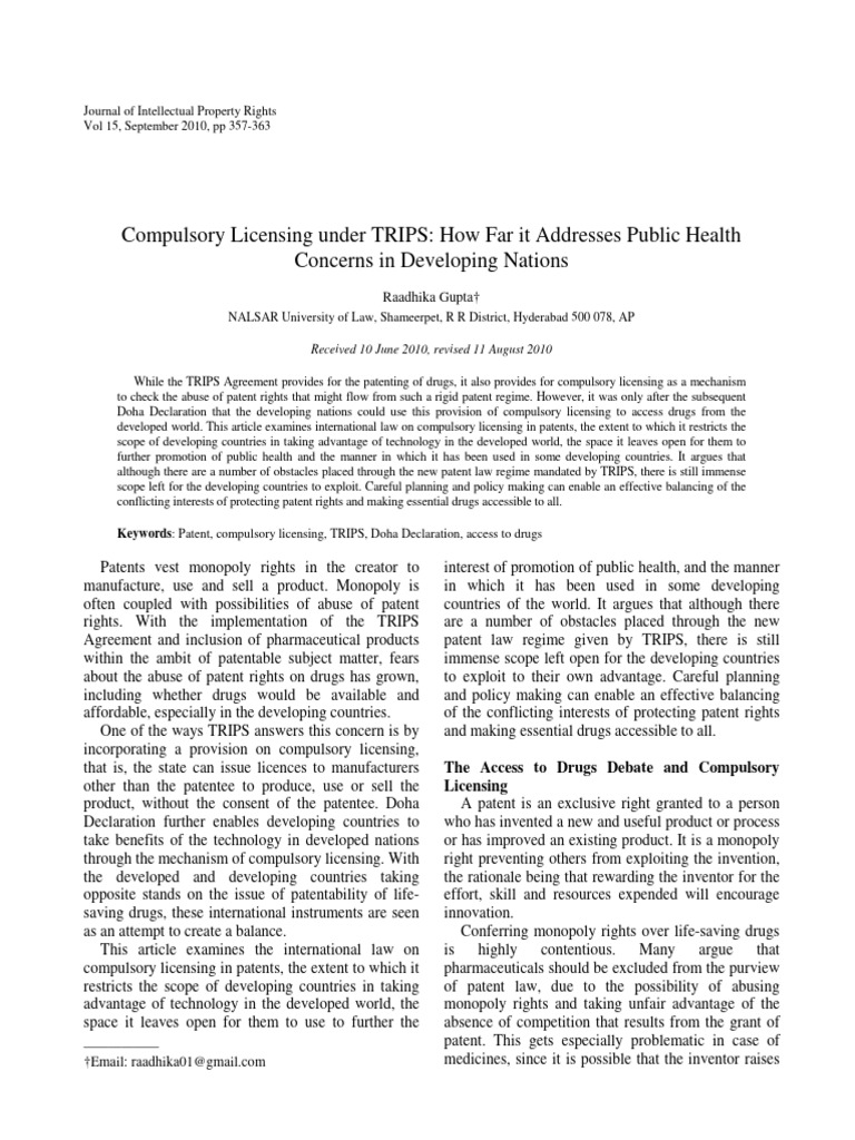 Compulsory Licensing and Public Health in TRIPS | PDF | Trips Agreement ...