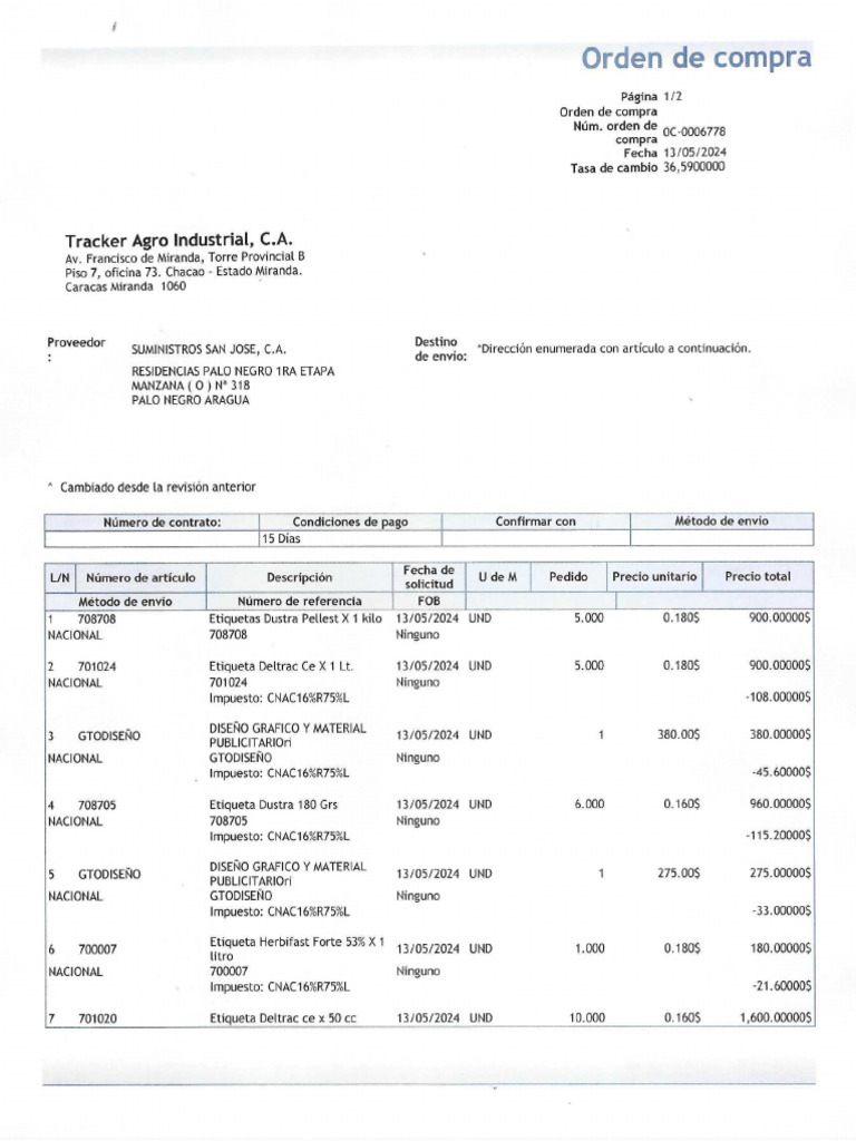 Orden de Compra 006778 A Suministros San Jose Pag 1 | PDF