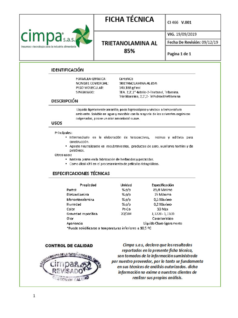 Ficha Técnica de Trietanolamina 85% | PDF