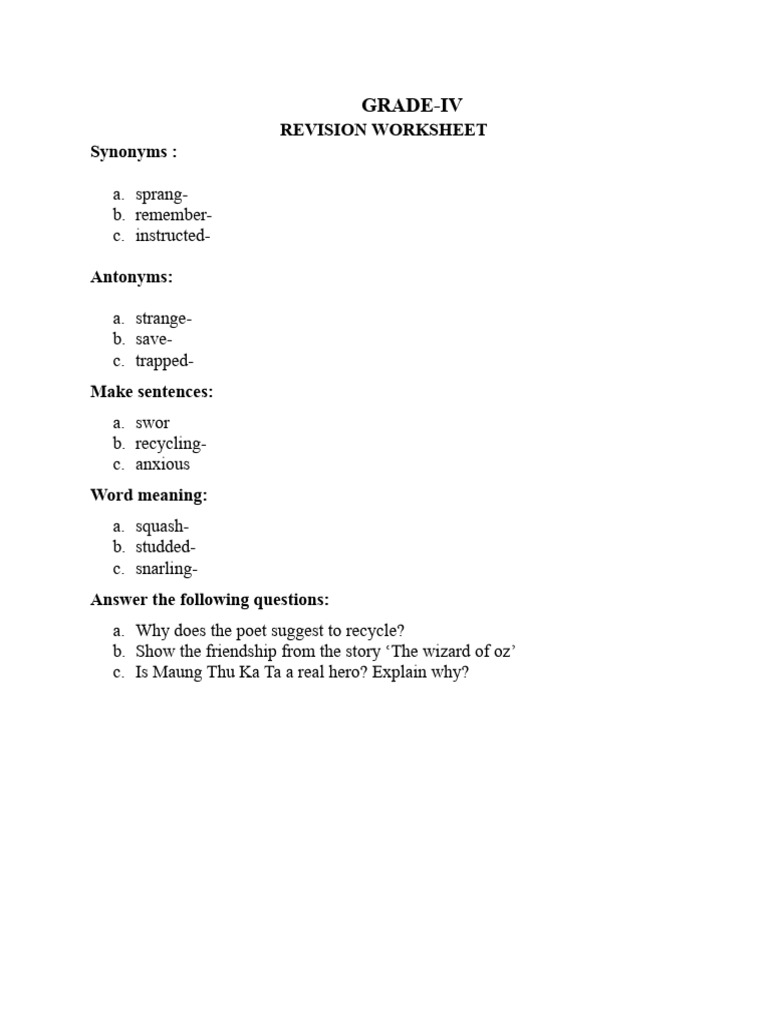 Grade 4 English Revision Worksheet | PDF