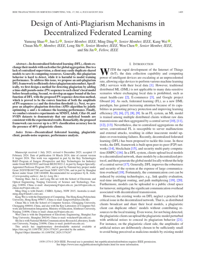 Design of Anti-Plagiarism Mechanisms in Decentralized Federated ...