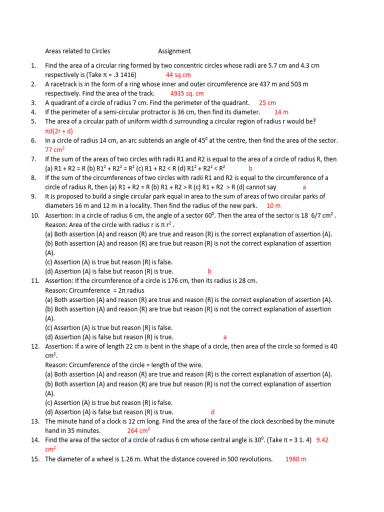 Areas Related To Circles Assignment Key | PDF | Circle | Area