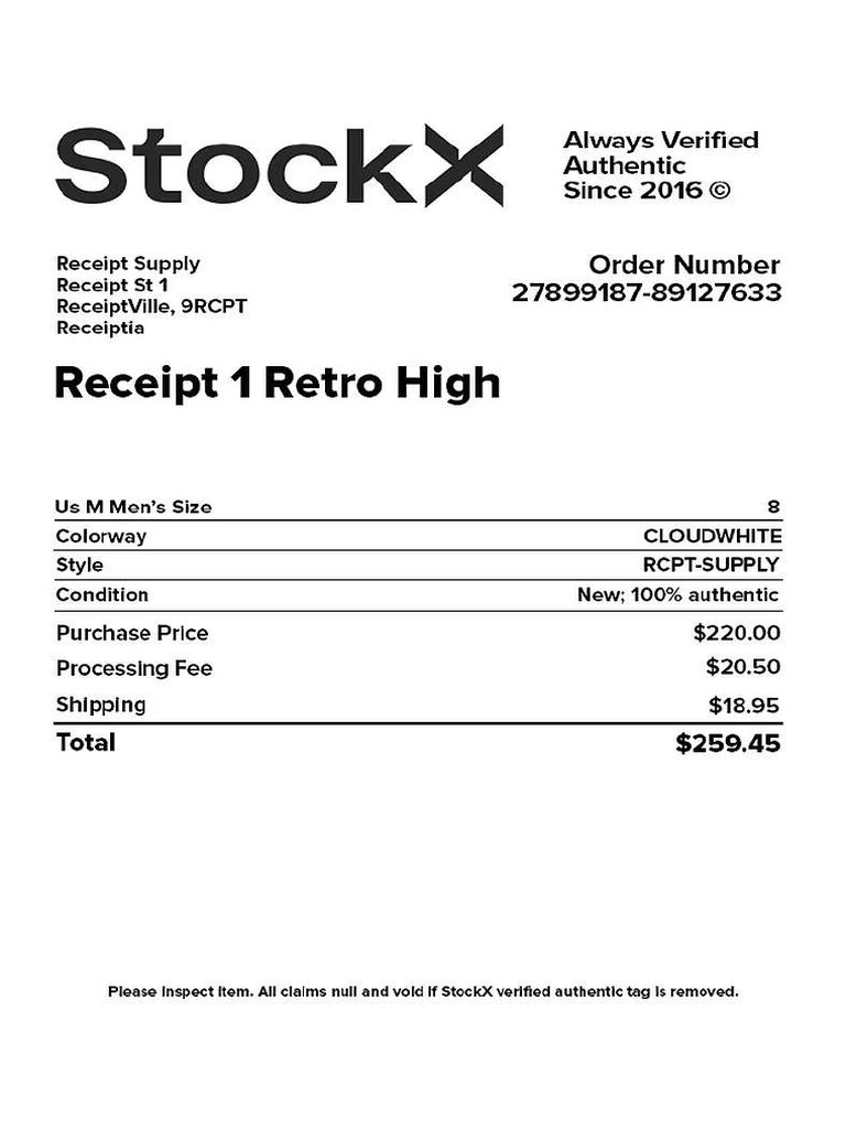 Provide Accurate Stockx Receipt | PDF