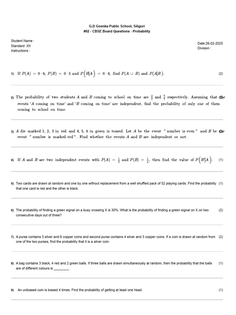 CL-12 Worksheets - Probability - Ii | PDF | Probability Theory | Probability And Statistics