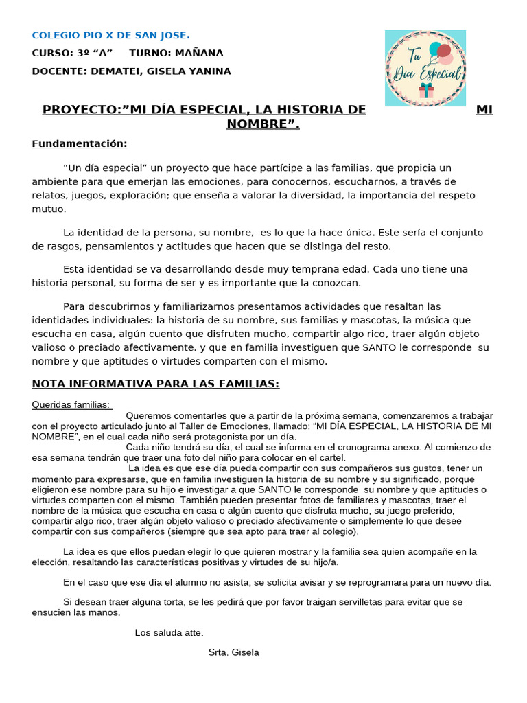 Proyecto "Mi Día Especial" en Pio X | PDF