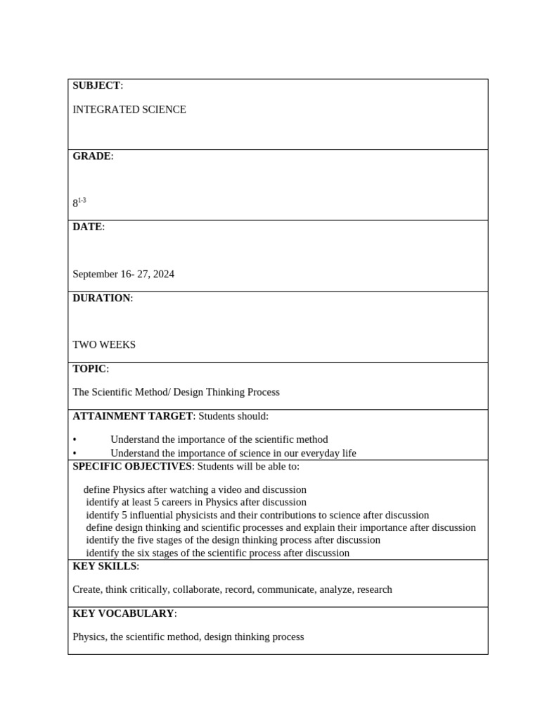 Grade 8 APSE Integrated Science Lesson 1 - The Design Thinking and ...