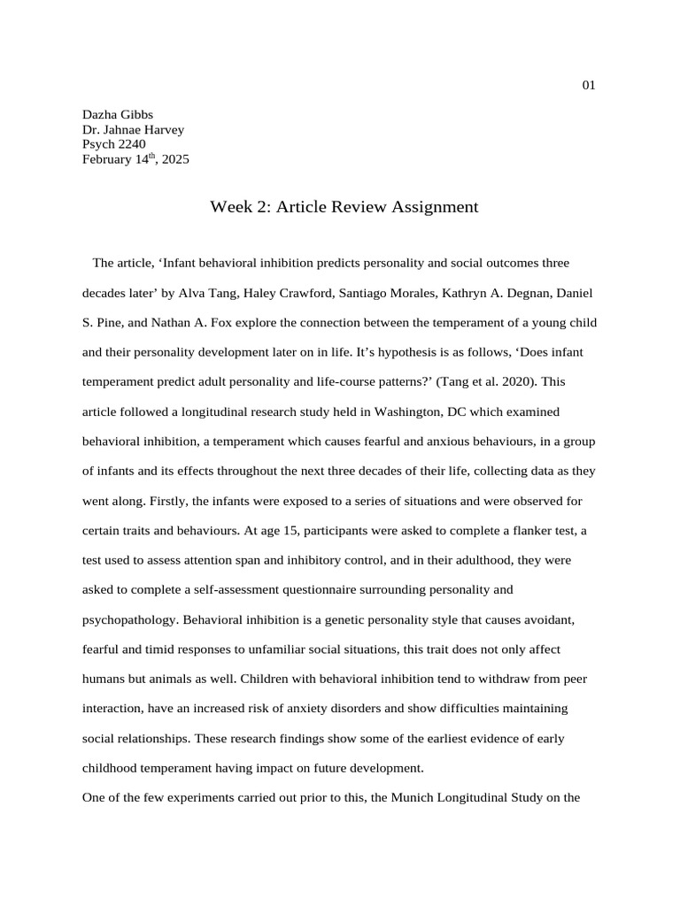 Week 2 Article Review | PDF | Temperament | Social Inhibition