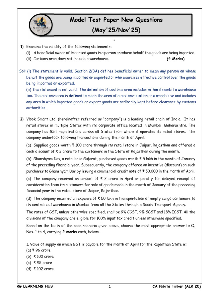 Rajasthan GST Model Test Paper | PDF | Value Added Tax | Taxes