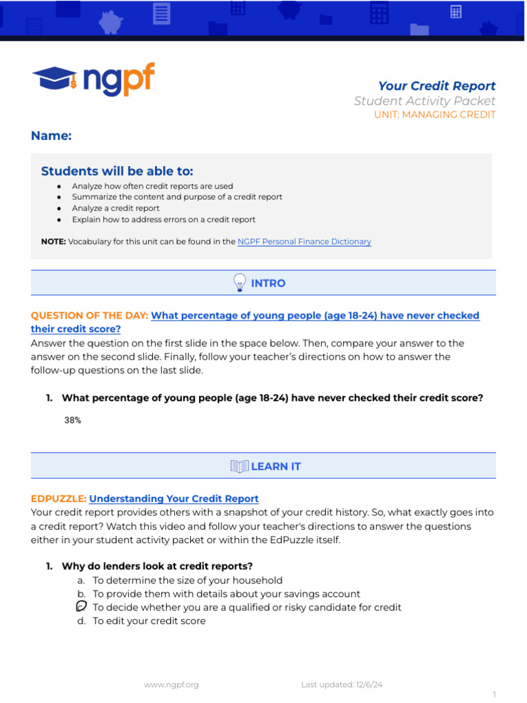 Ariana Del Valle - Your Credit Report Student Activity Packet | PDF ...