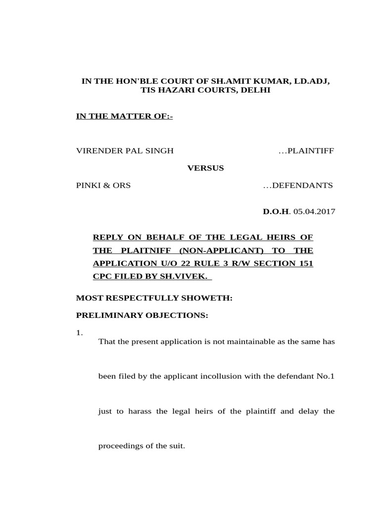 Reply Applicaiton 22-3 Virender Pal Singh Ashwini 03.04.2017 | PDF ...