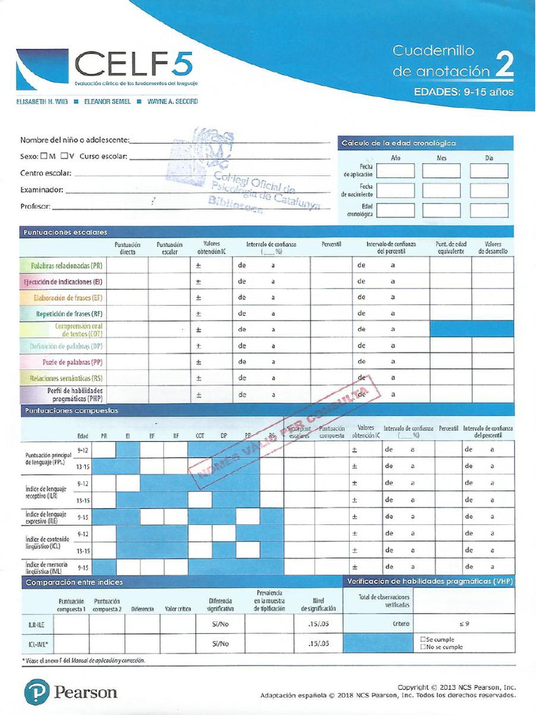 CELF 5 - Reccord Form 2-9-15 Years - Spanish | PDF