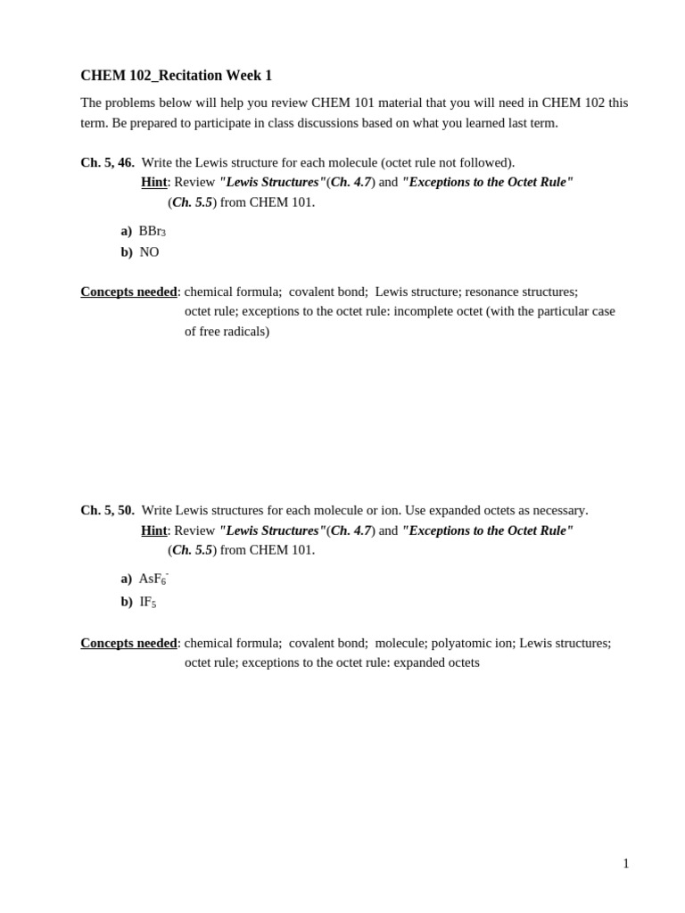 CHEM 102 Recitation - Week 1 | PDF | Chemical Bond | Molecules