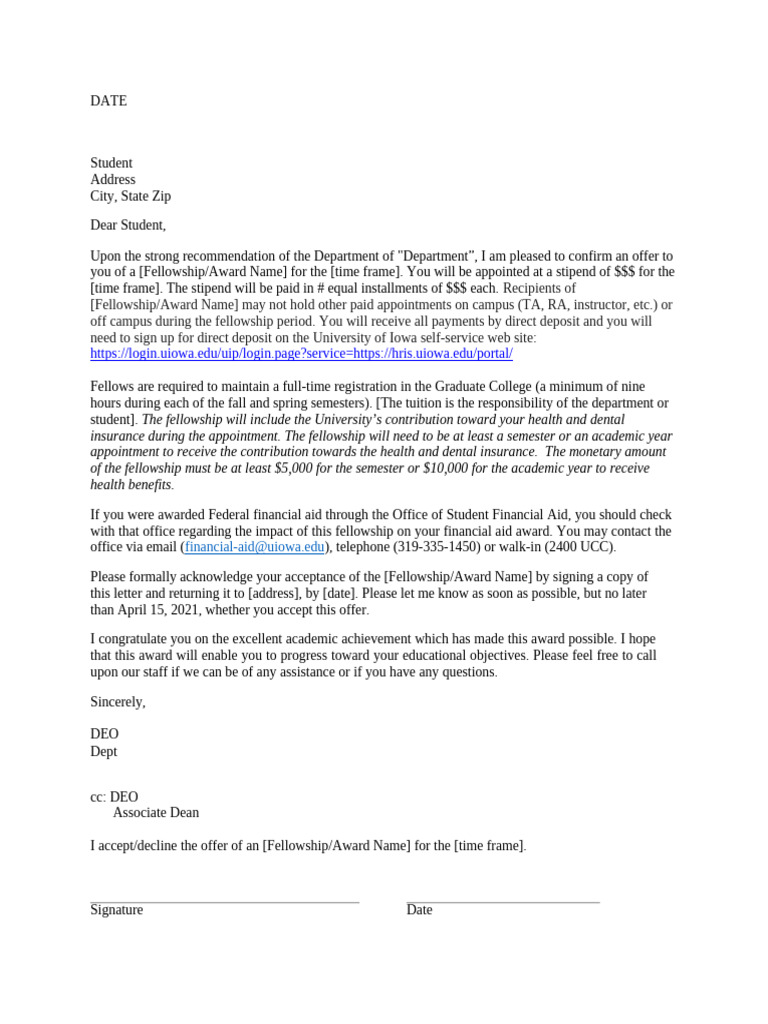 Fellowship 2021-22 Sample Offer Letter | PDF