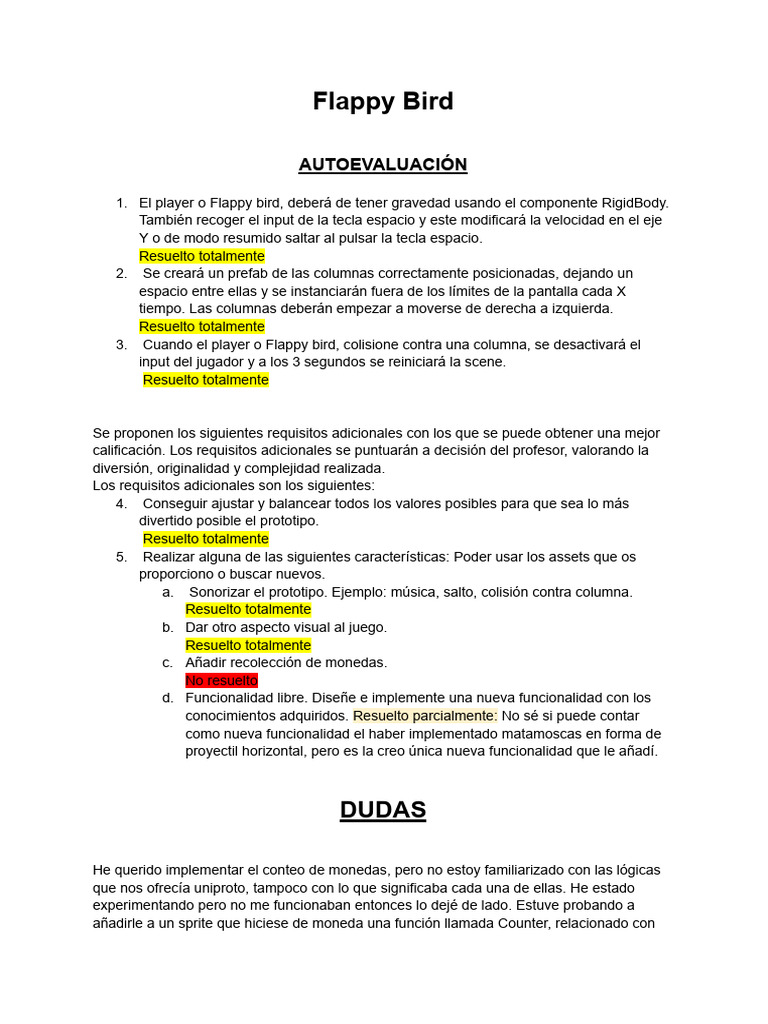 Flappy Bird_ Autoevaluación | PDF