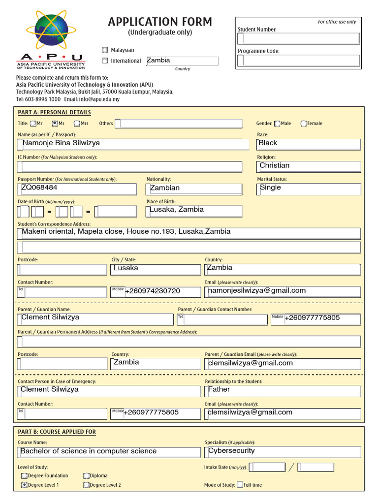 APU Application Form - UnderGraduate (Fillable) 2 | PDF