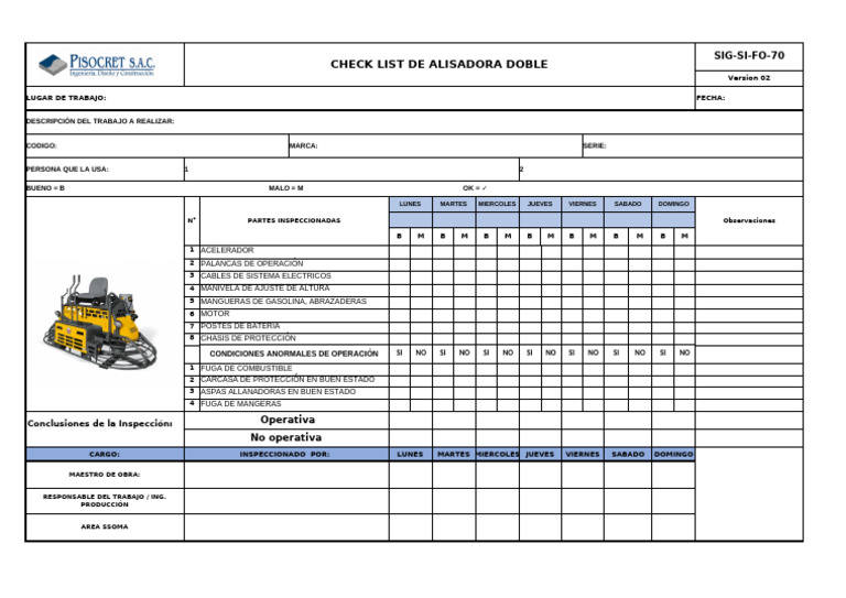 Sig-Si-Fo-70 - Check List de Alisadora Doble V02 | PDF | Tecnología de ...