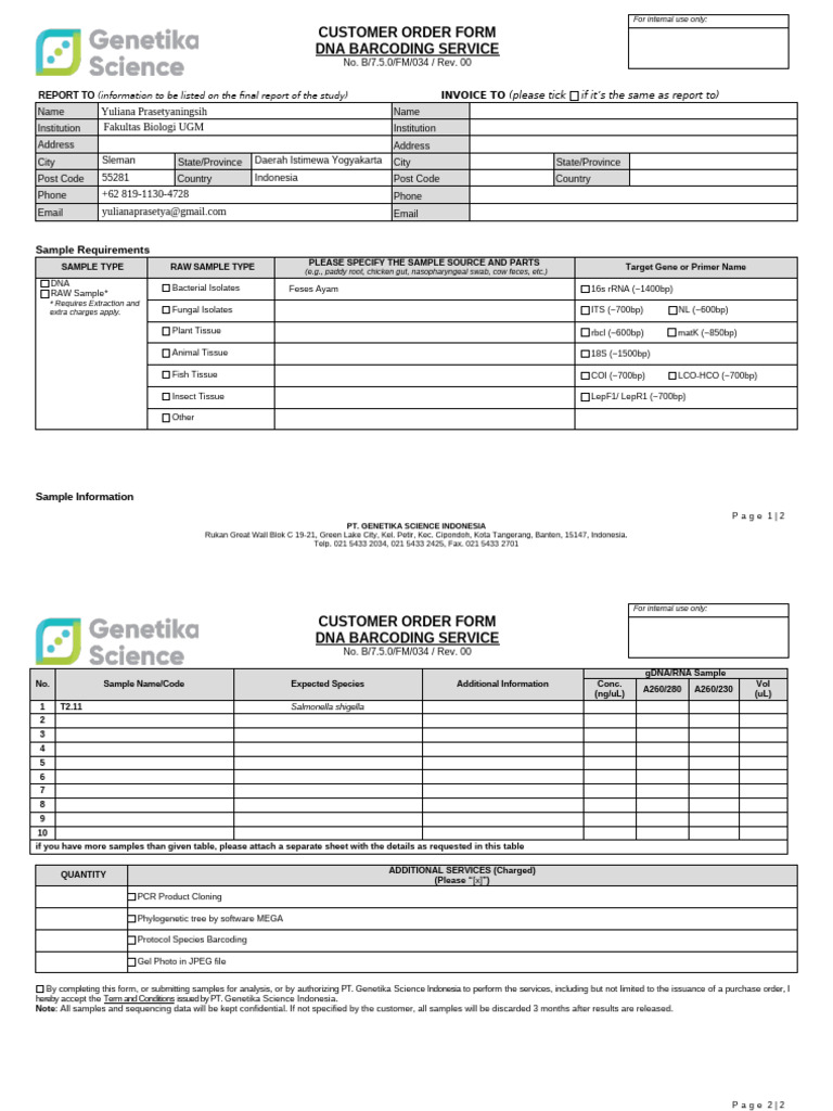 DNA Barcoding Service Order Form | PDF | Life Sciences | Molecular Biology