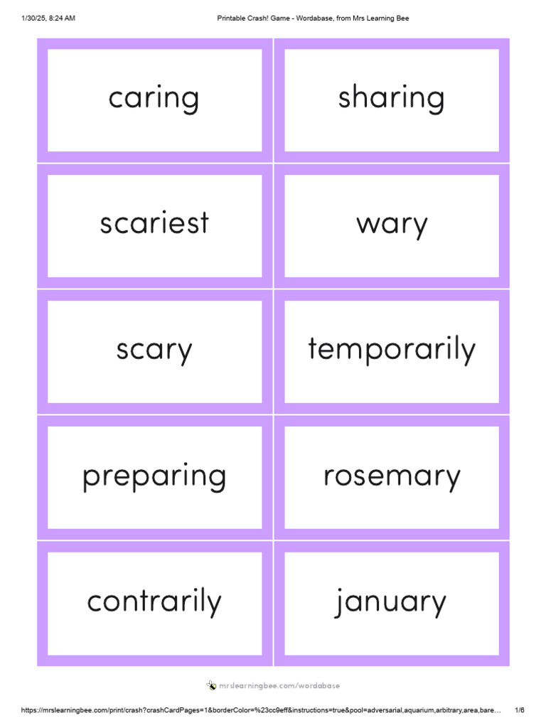 Printable Crash! Game - Wordabase, 1from Mrs Learning Bee | PDF | Card ...