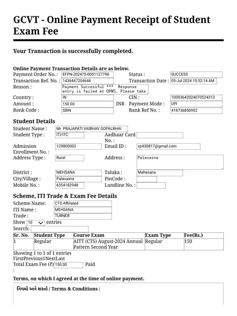 GCVT - Online Payment Receipt of Vaibhav | PDF