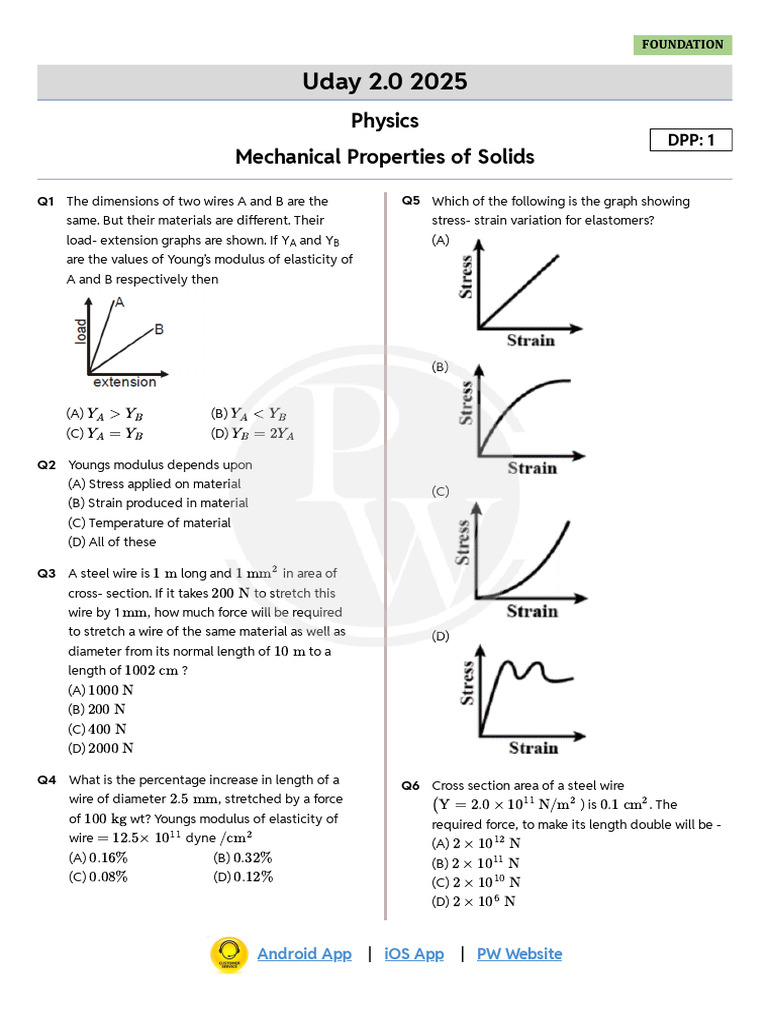 67482e6eaa945e800f885ff7 - ## - Mechanical Properties of Solids DPP 01 ...