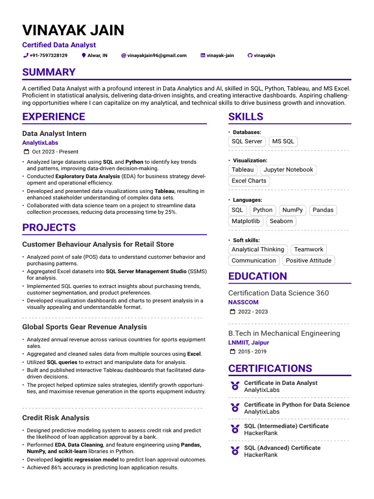 VinayakJain - Data Analyst - Resume | PDF | Data Analysis | Data Science