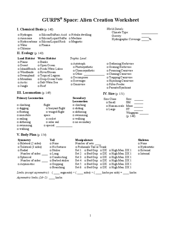 Gurps Space: Alien Creation Worksheet: I. Chemical Basis | PDF | Animal ...