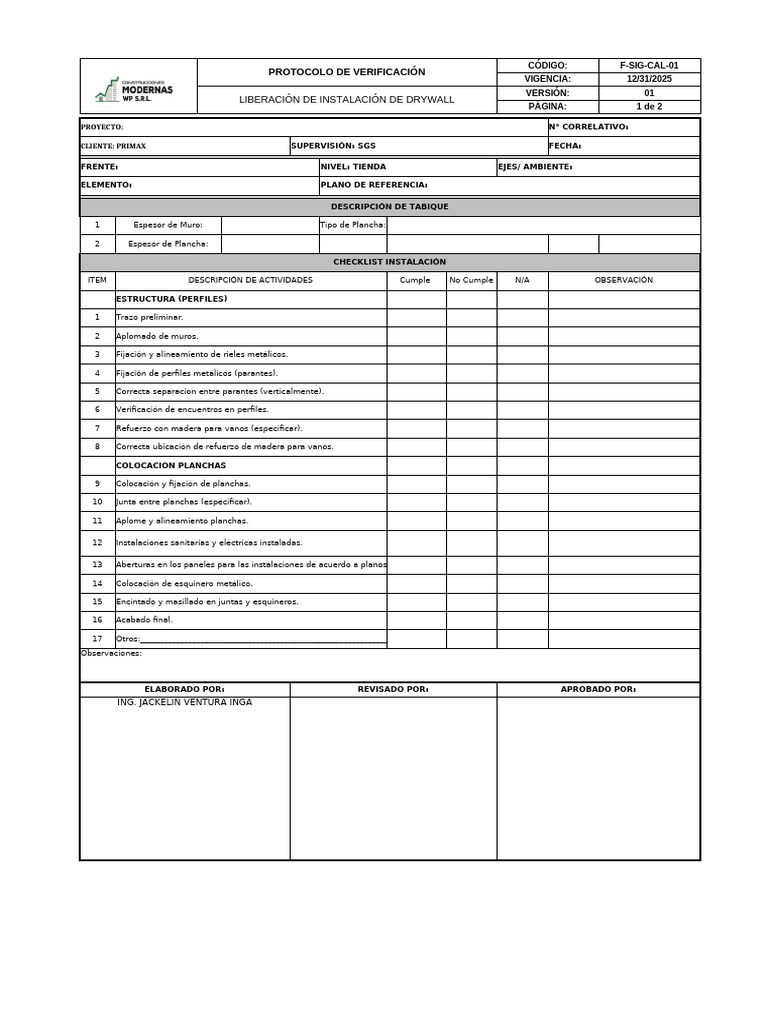 F-SIG-CAL-01 Instalacion de Drywall | PDF