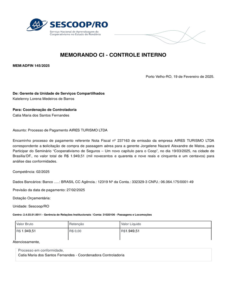 Memorando CI - Controle Interno | PDF